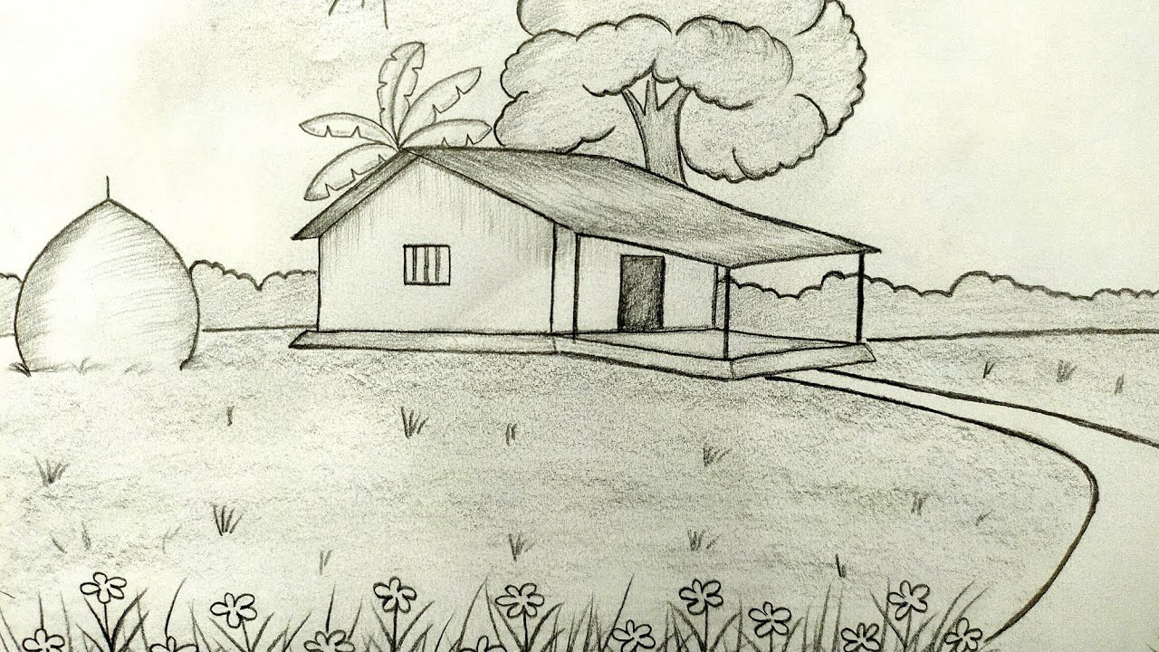 easy village drawing scenery step by step/landscape drawing for ...