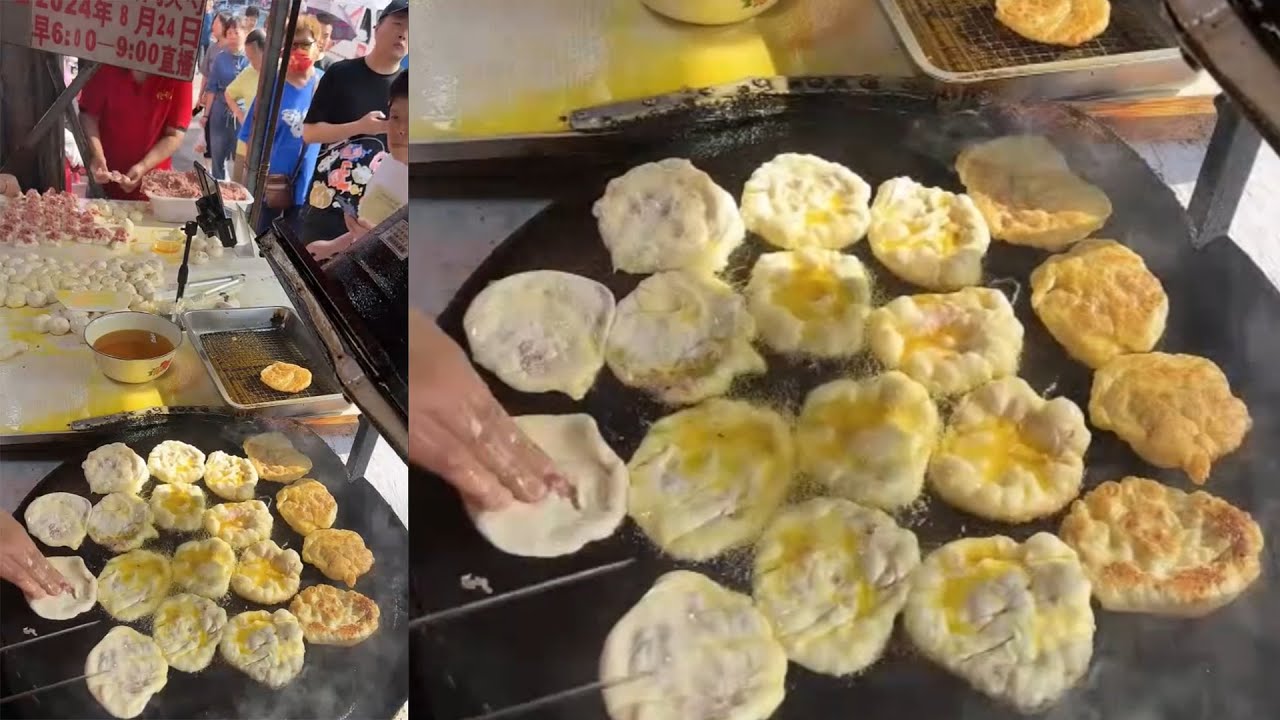 Some Chinese Men Selling Fried Meat Cakes / Breakfast on the Street in ...