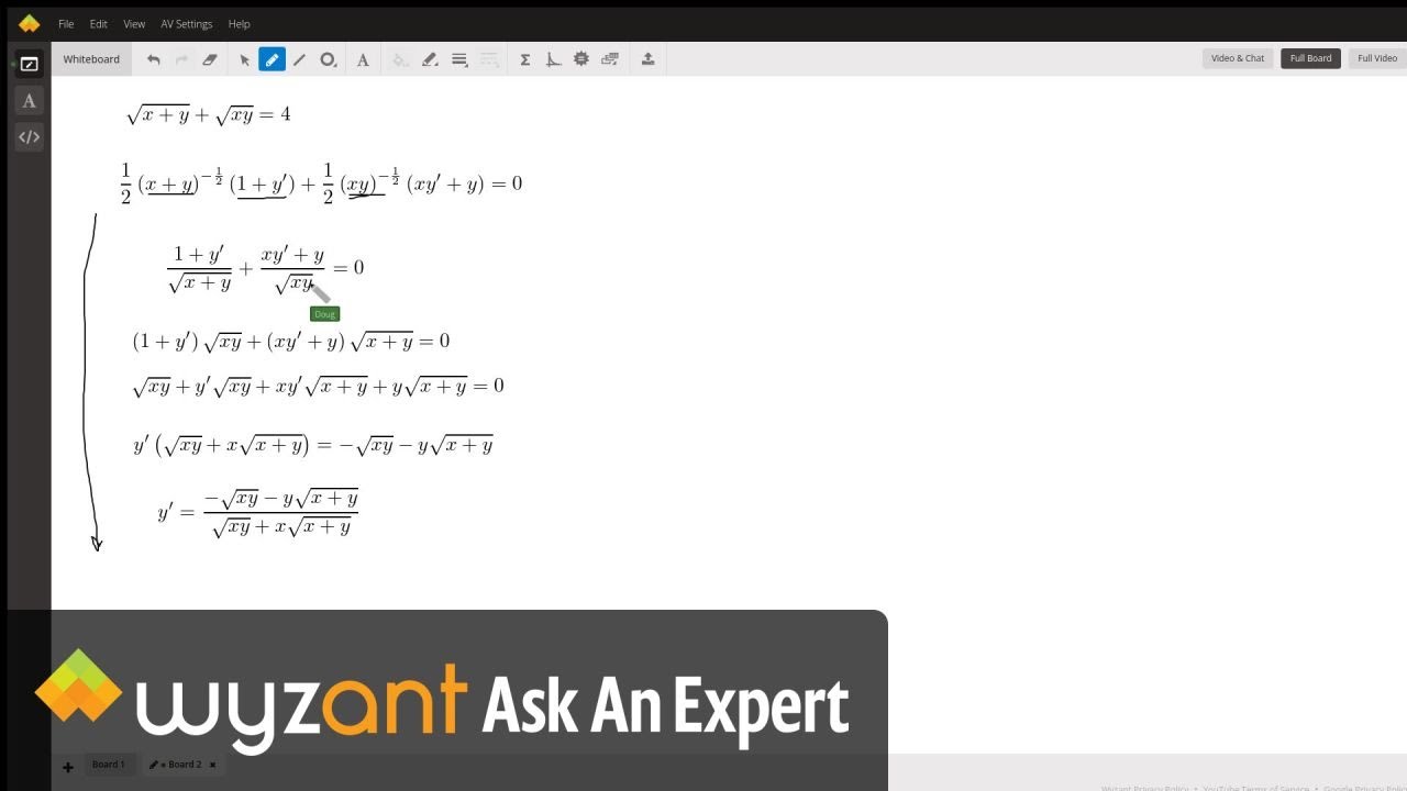 By implicit differentiation find y' for sqrt(x+y) + sqrt(xy) = 4. Confirm on Desmos. - YouTube