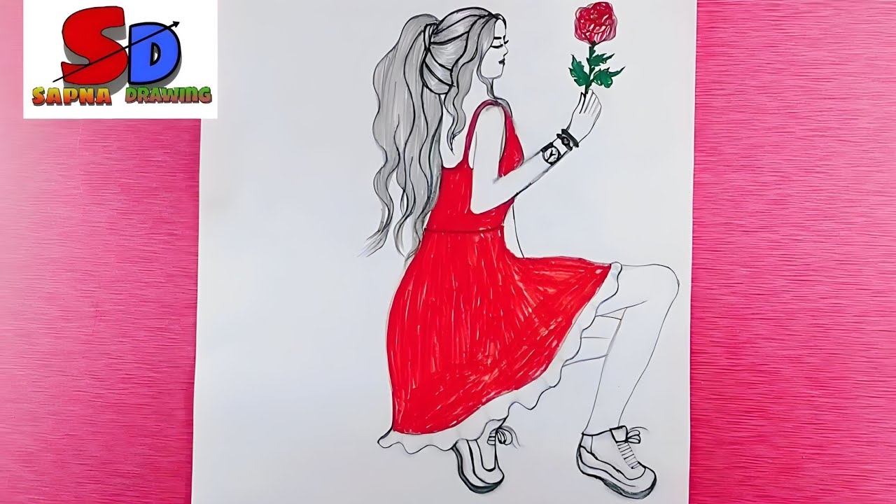 how to draw a girl with holding flower - Drawing easy | girl drawing ...
