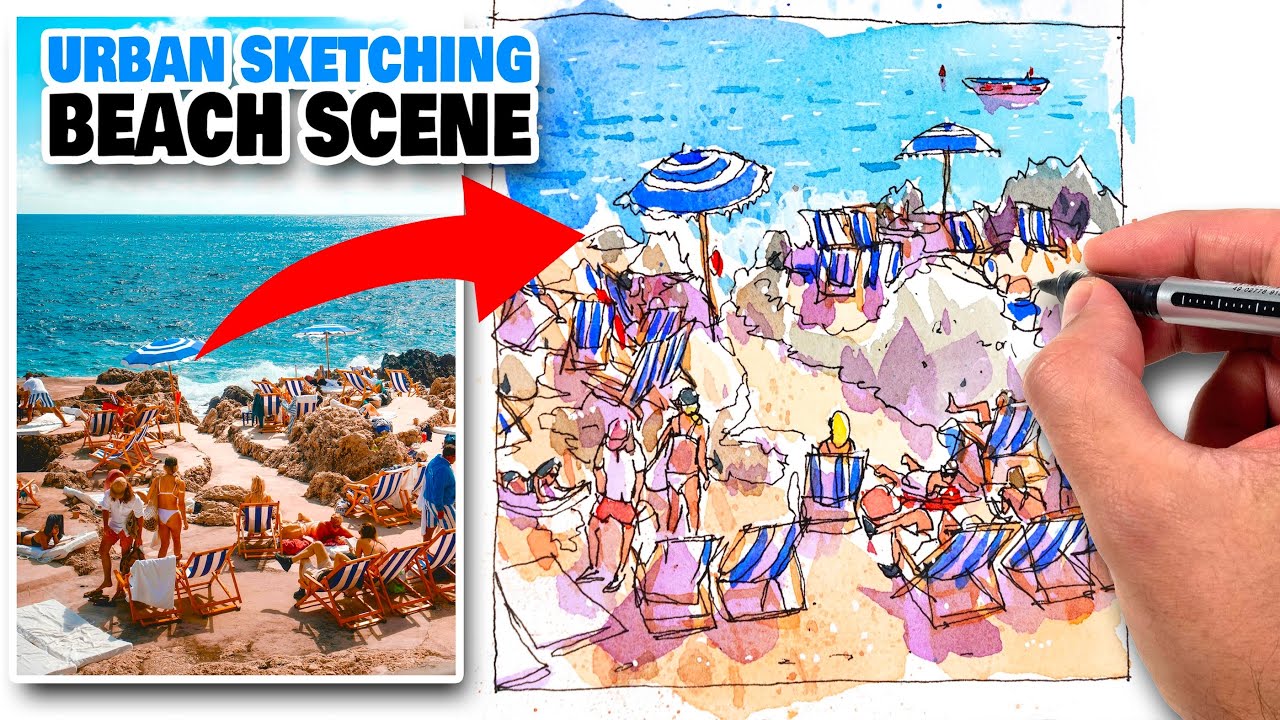 Urban Sketching For Beginners | Simple Step-By-Step Beach Scene - YouTube