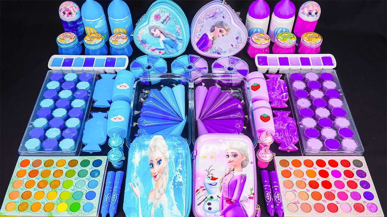 BLUE and PURPLE ELSA Slime Mixing Eyeshadow into Glossy Slime🌈Relax ...