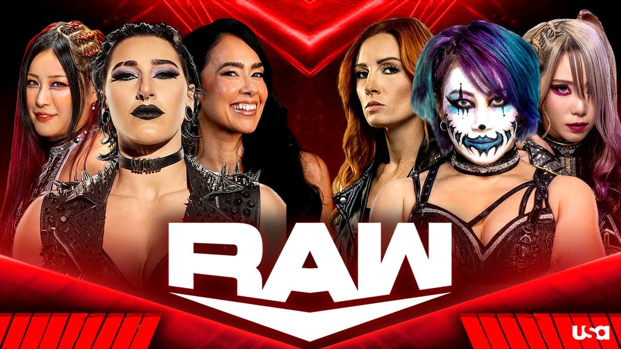 WWE Raw Rhea Ripley Iyo Sky & AJ Lee vs Asuka Kairi Sane & Becky Lynch ...