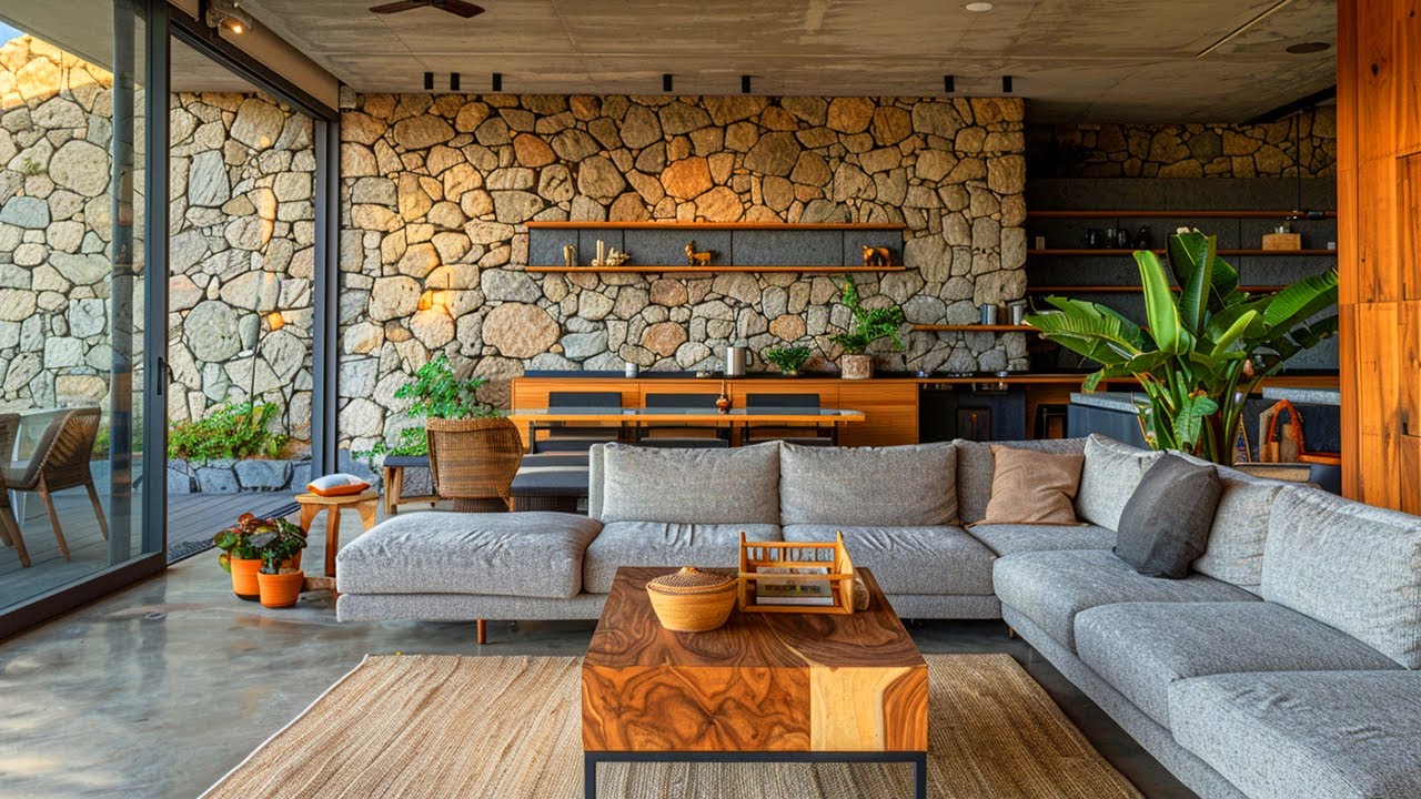 Stone & Concrete Wall House with Rustic Interior Design Ideas & Cozy ...