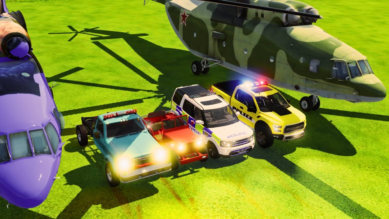 TRANSPORTING POLICE CARS, JEEP & MILITARY VEHICLES WITH HELICOPTER ...