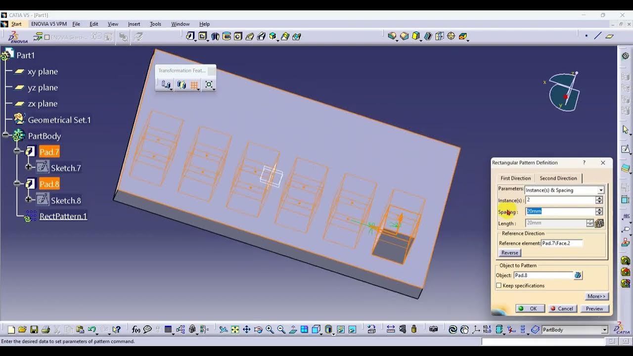 27. RECTANGULAR PATTERN (Part Design Workbench : Transformation Features) - YouTube
