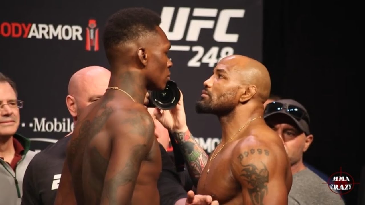 UFC 248: Israel Adesanya vs. Yoel Romero LONG weigh in face off - YouTube