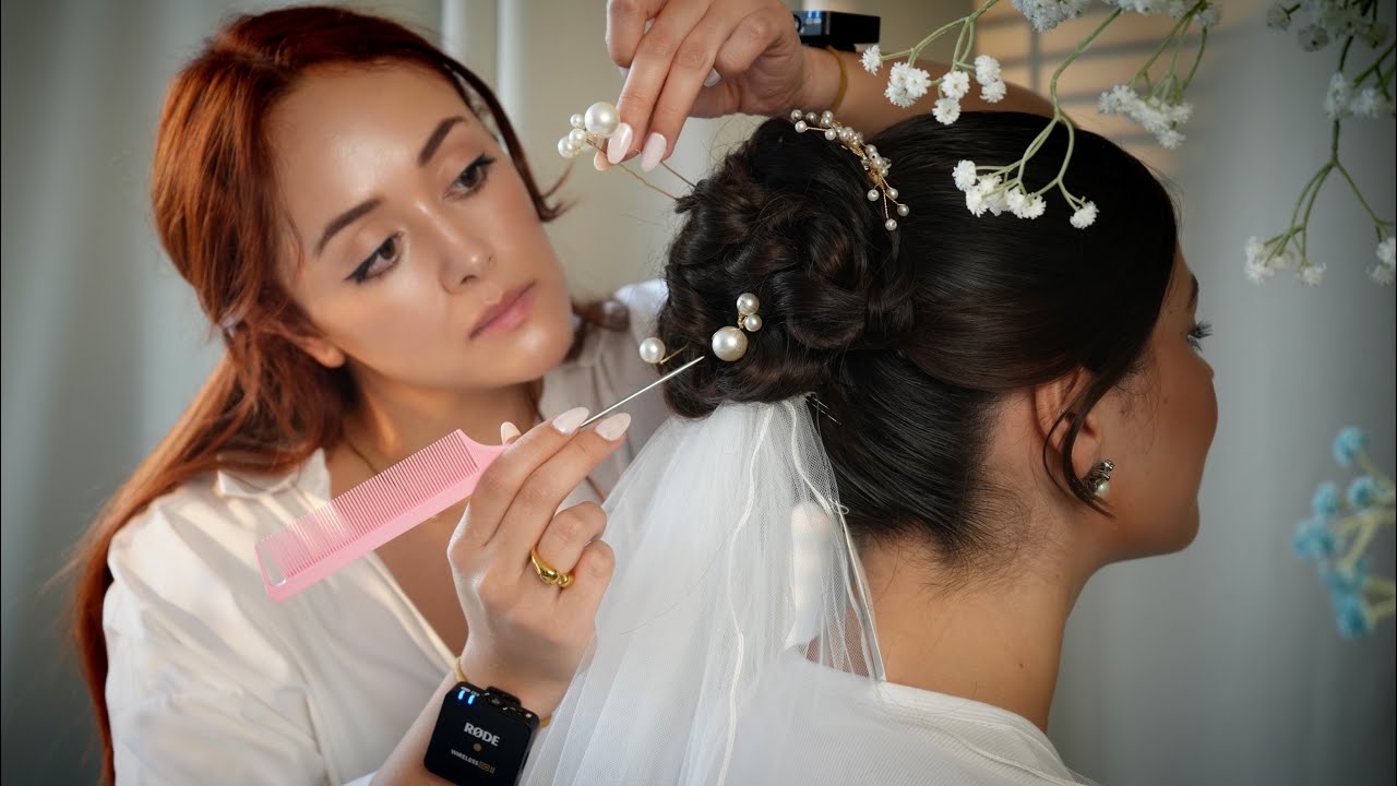 Bridal Elegant Hairstyle Trial | High Messy Bun with Tiara & Veil ...