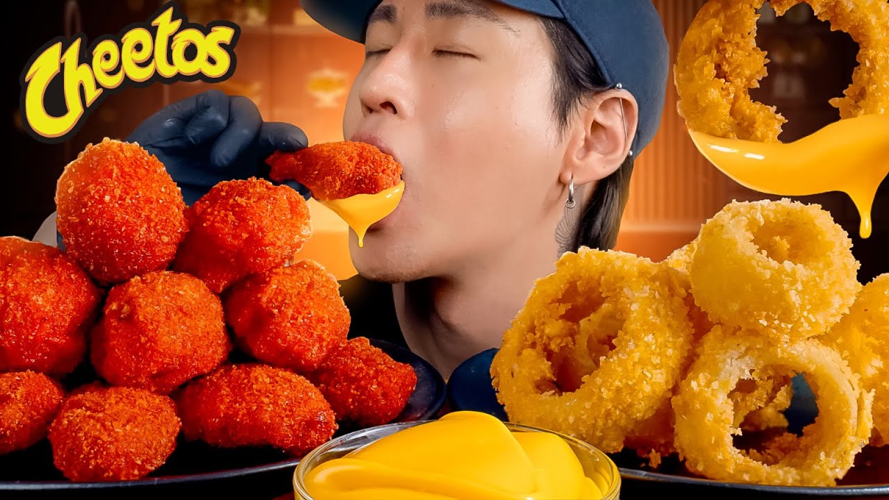 ASMR MUKBANG CHEESY HOT CHEETOS CHICKEN WINGS & ONION RINGS | COOKING ...