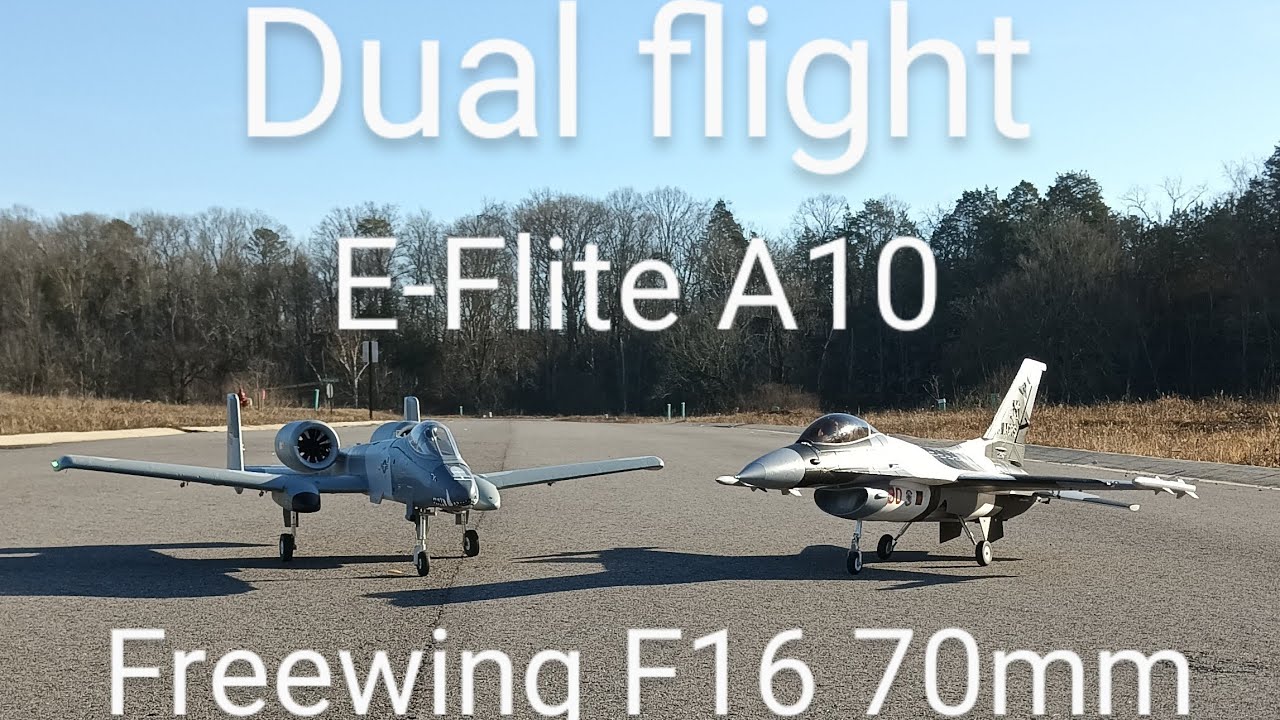 Tandem flight. E-Flite A10 - Freewing F16 70mm. - YouTube