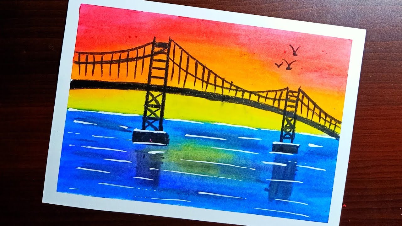 Bridge sunset Scenery Drawing with Oil Pastels- Step by Step - YouTube