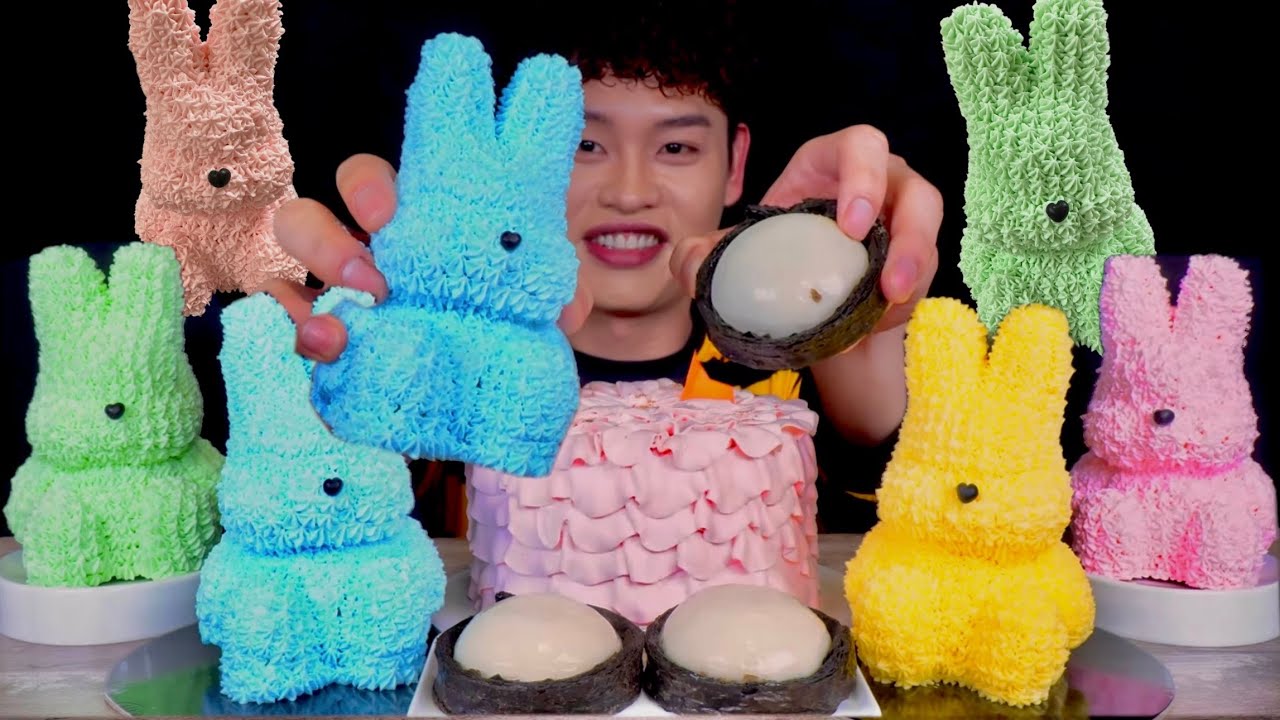 Asmr 뉴진스 케이크🐰노랑 빨강 초록 토끼 케이크 달 케이크 생크림 케이크 먹방 Mini Rabbit Cakes With