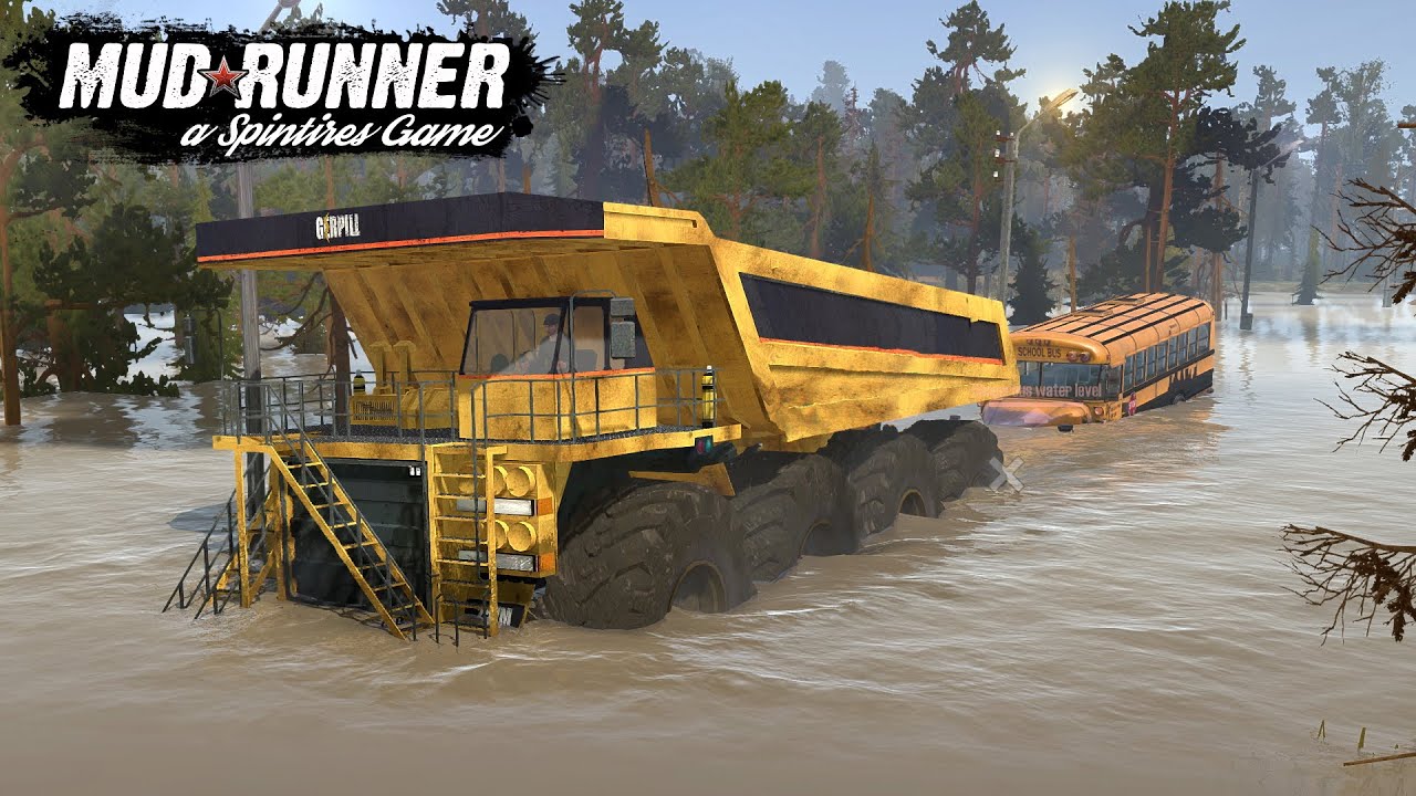 Giant Mining Dump Truck Drags School Bus Through Flood [MudRunner] - YouTube