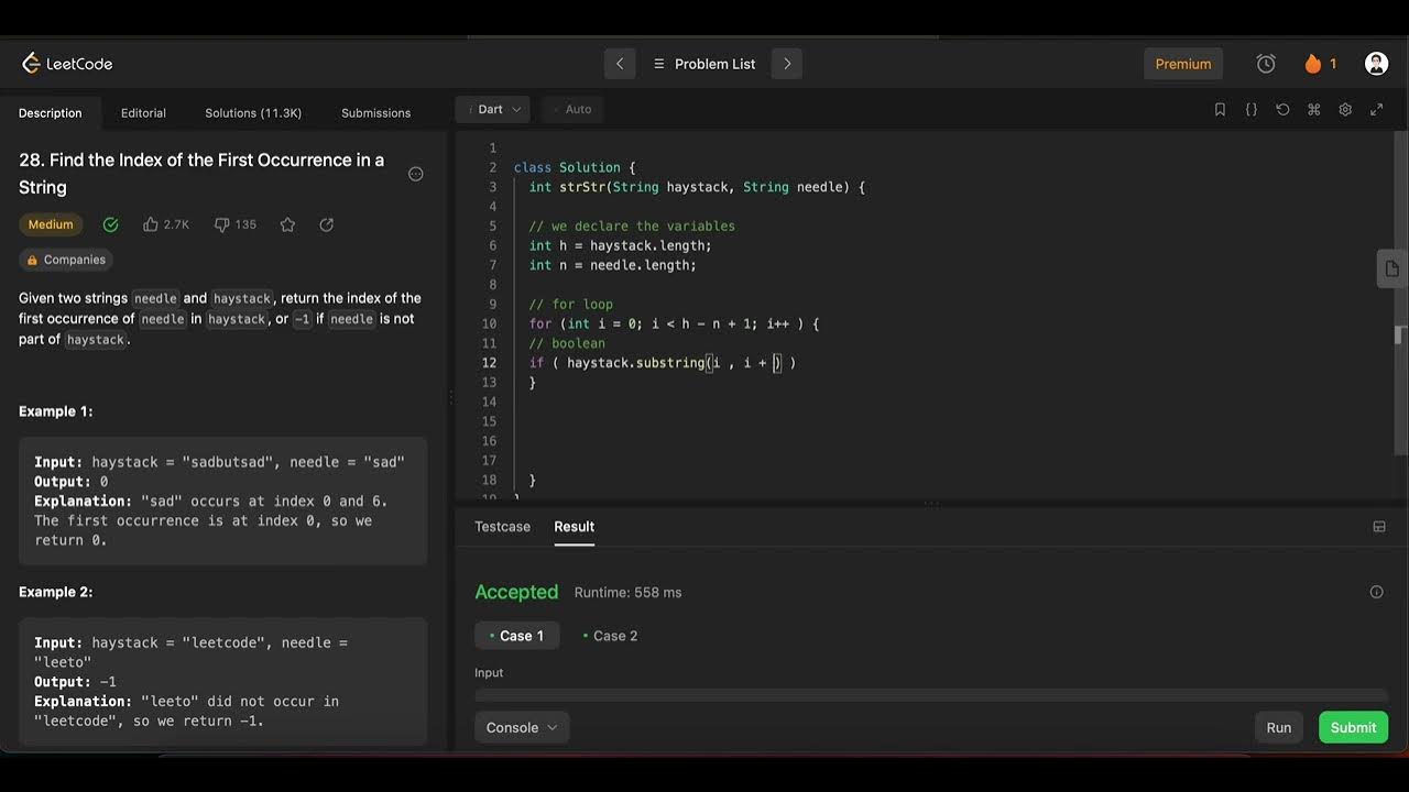 LeetCode 28. Find the Index of the First Occurrence in a String (Dart ...
