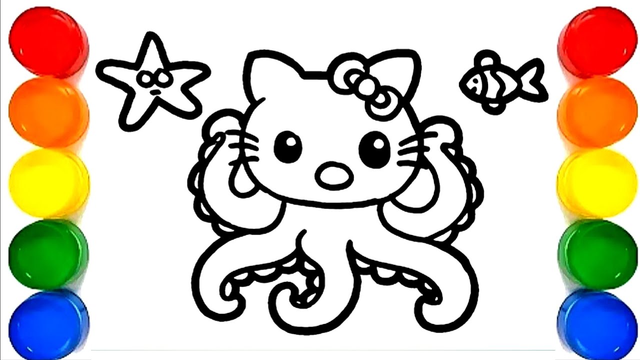 Octopus Hello Kitty with fish drawing, coloring and painting for kids ...