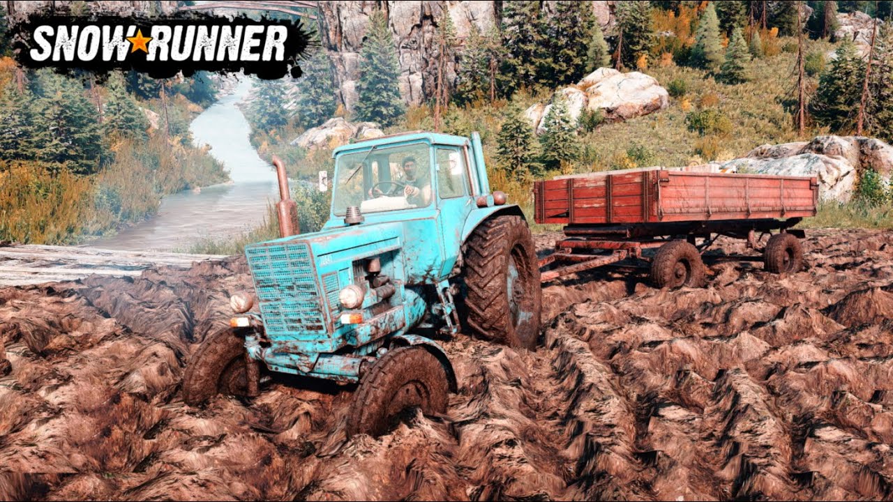 SnowRunner MTZ 80 Old Tractor With Trailer Driving Through Mud - YouTube