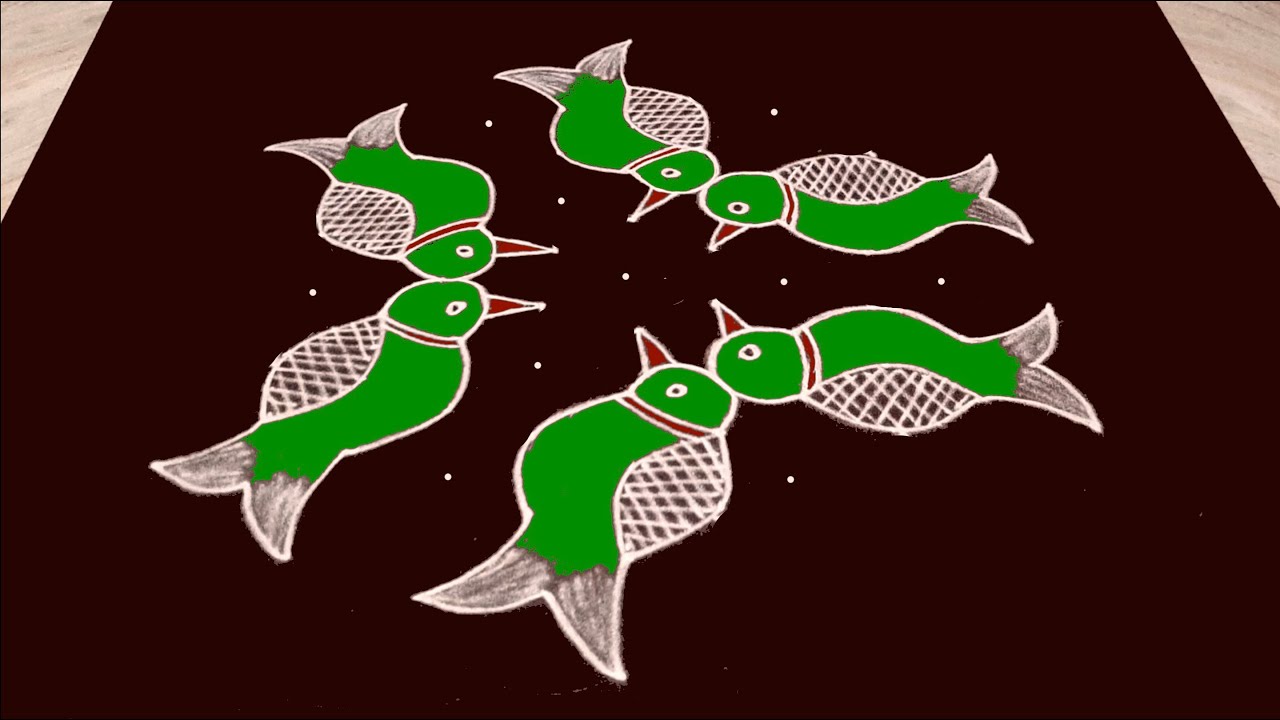 Simple Birds rangoli design with 9 dots | Birds muggulu | Paravai kolam ...