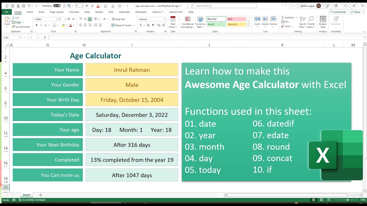 Make this Awesome Age Calculator with Excel | Step-by-step tutorial ...