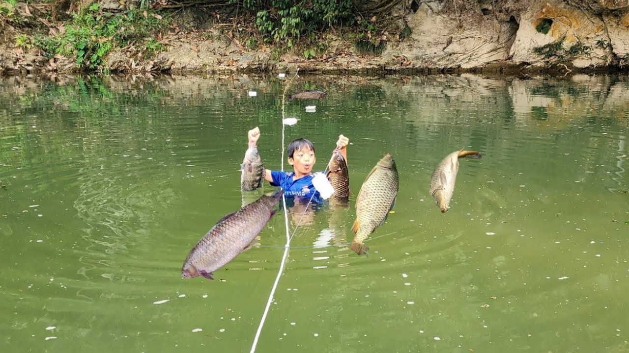 Bac uses a long rope to tie a fishing net, uses pork as bait and ...