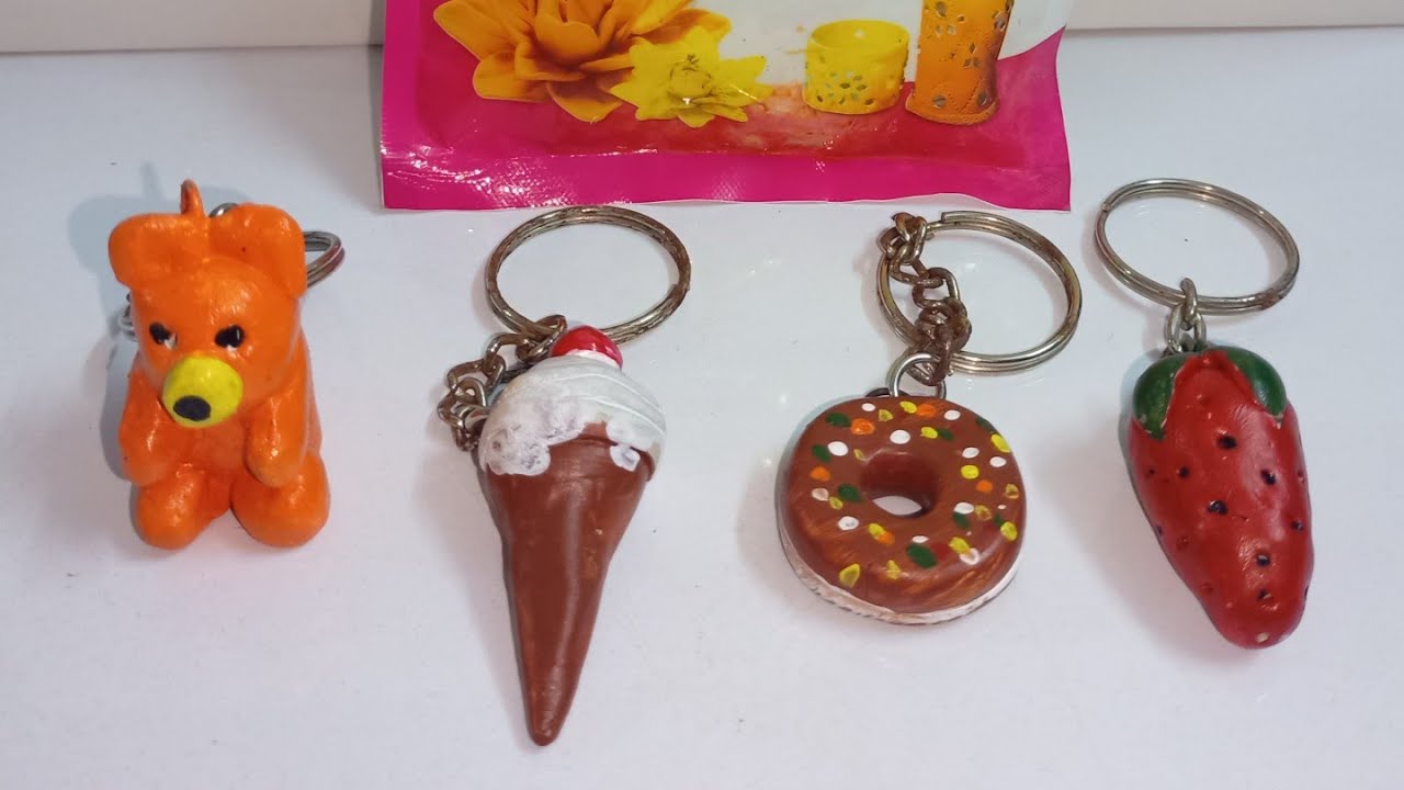 clay key ring/strawberry keychain/doughnut keychain/clay craft - YouTube