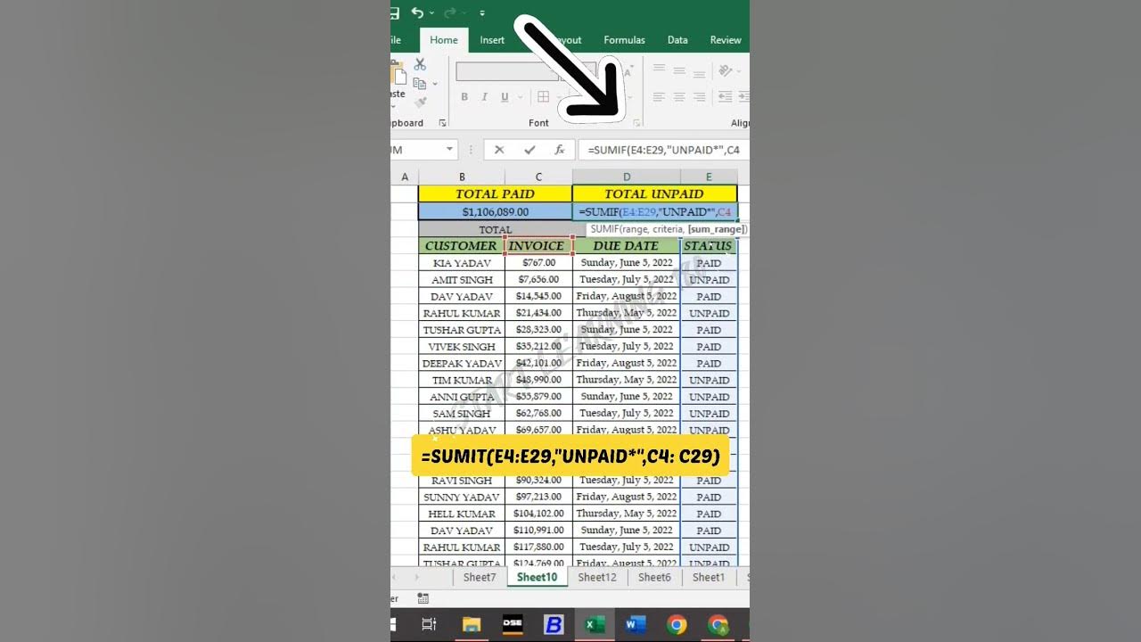 002 HOW TO SUM ALL UNPAID BALANCE IN EXCEL SHEET #excel #shorts #viral - YouTube
