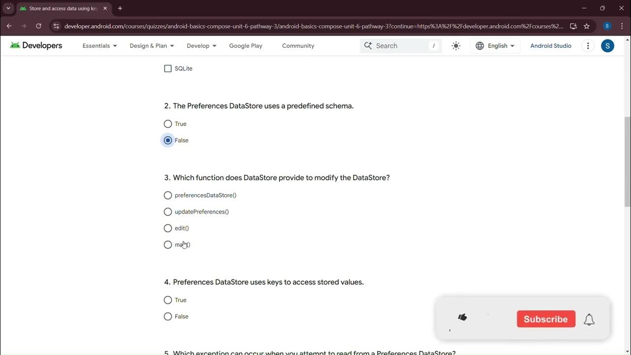 Unit - 6 Store and access data using keys with DataStore - Quiz || Google Android Developers ...