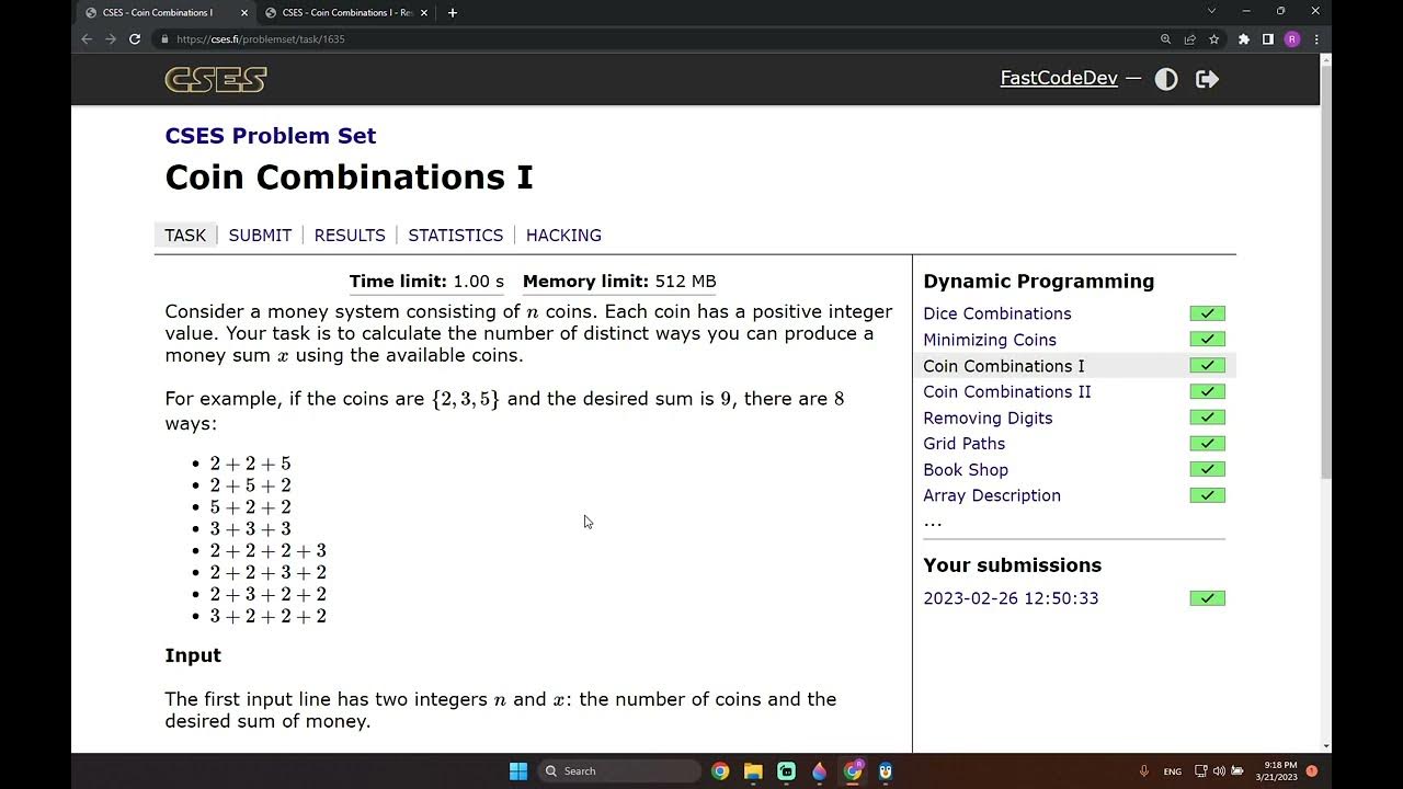 CSES Coin Combinations I | Dynamic Programming | C++ Solution | another simple DP problem - YouTube