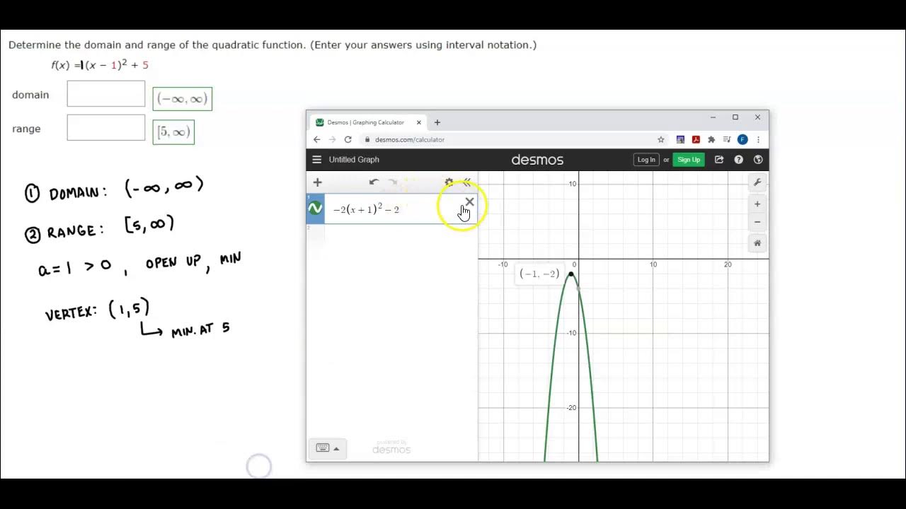 Math 10 HW 5.1 #7 Determine the domain and range of the quadratic function. - YouTube