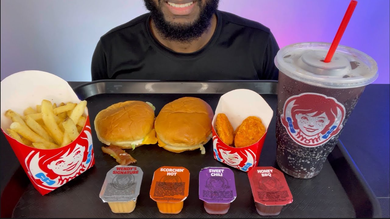 ASMR WENDY’S JUNIOR BACON CHEESEBURGER FRIES CHICKEN NUGGETS COCA COLA ...