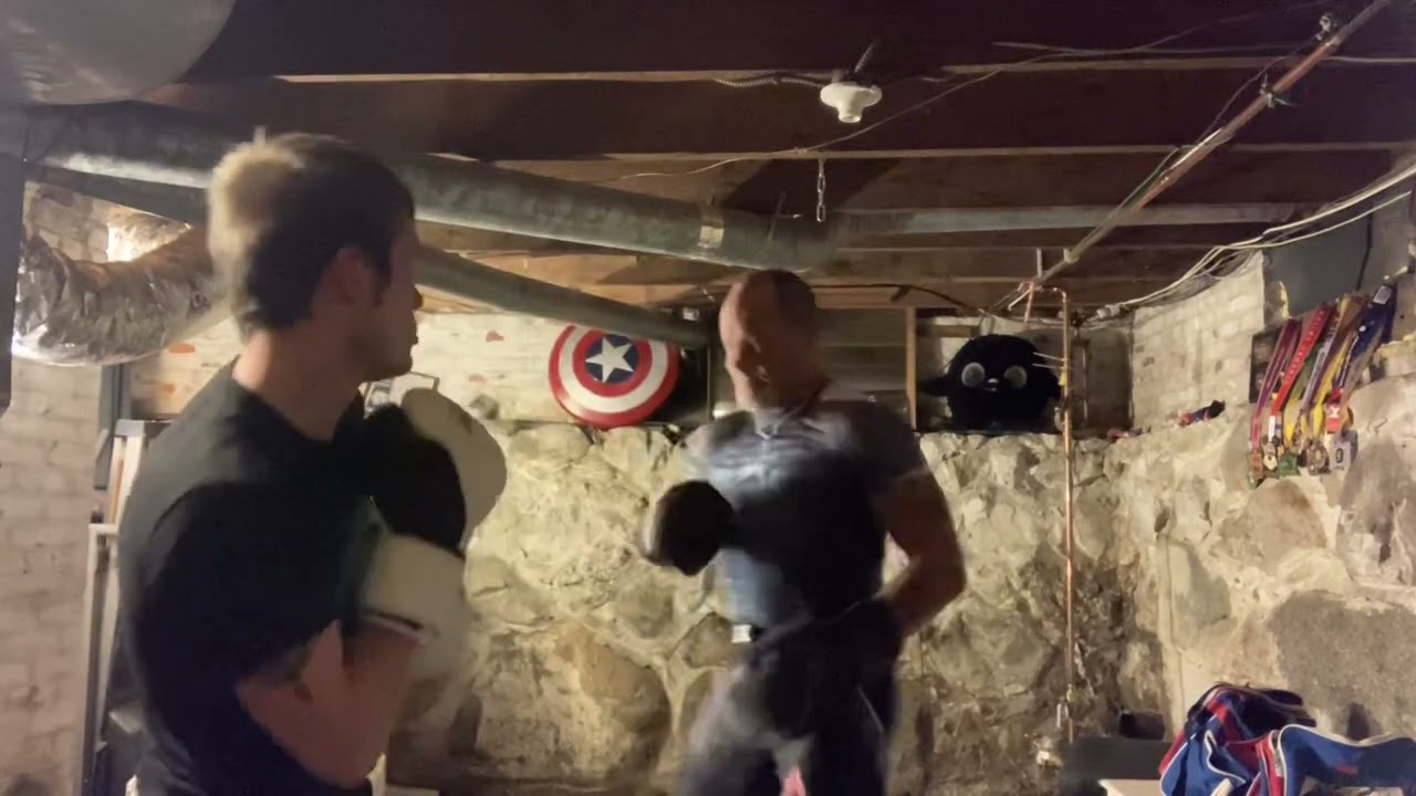 Basement boxing gym workout sparing my round 2 josh round 3 - YouTube