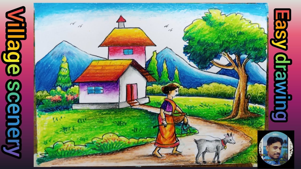 how to draw a village scenery colour. easy mountain village scenery ...