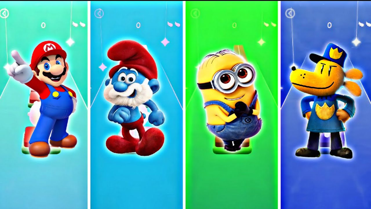 Super Mario ⚡Smurfs ⚡Minions ⚡Dog Man⚡Tiles hop Battle 🍩🍭 - YouTube