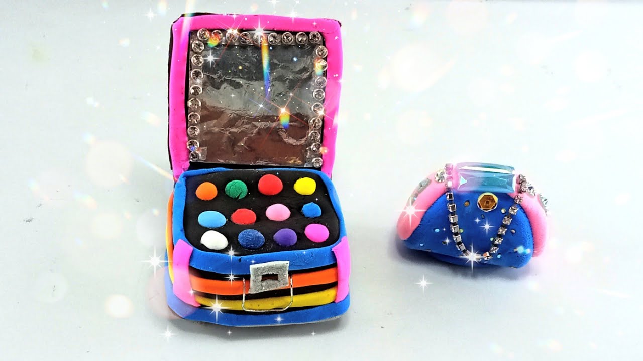 DIY How To Make Polymer Clay Miniature Makeup Set with blue Beg. - YouTube