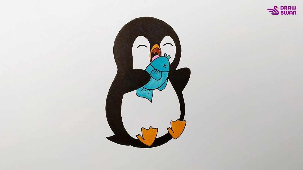 How to draw a penguin eating fish - YouTube