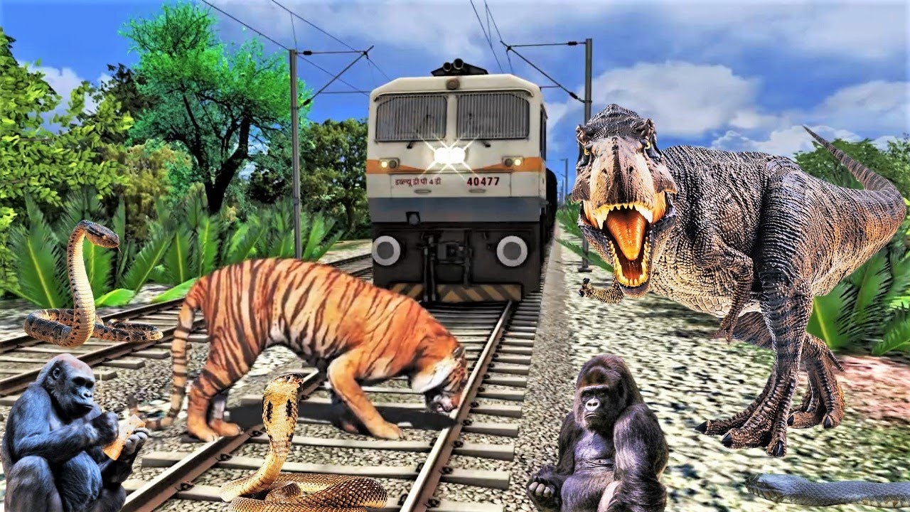 Train vs Animal | Tiger & Dinosaur Trying to Stop The Train | Grand ...