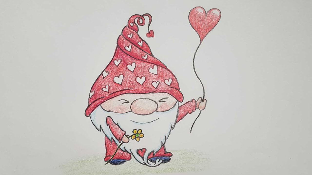 How to draw a cute Valentine Gnome and Heart 💖 I Hoe teken je een ...