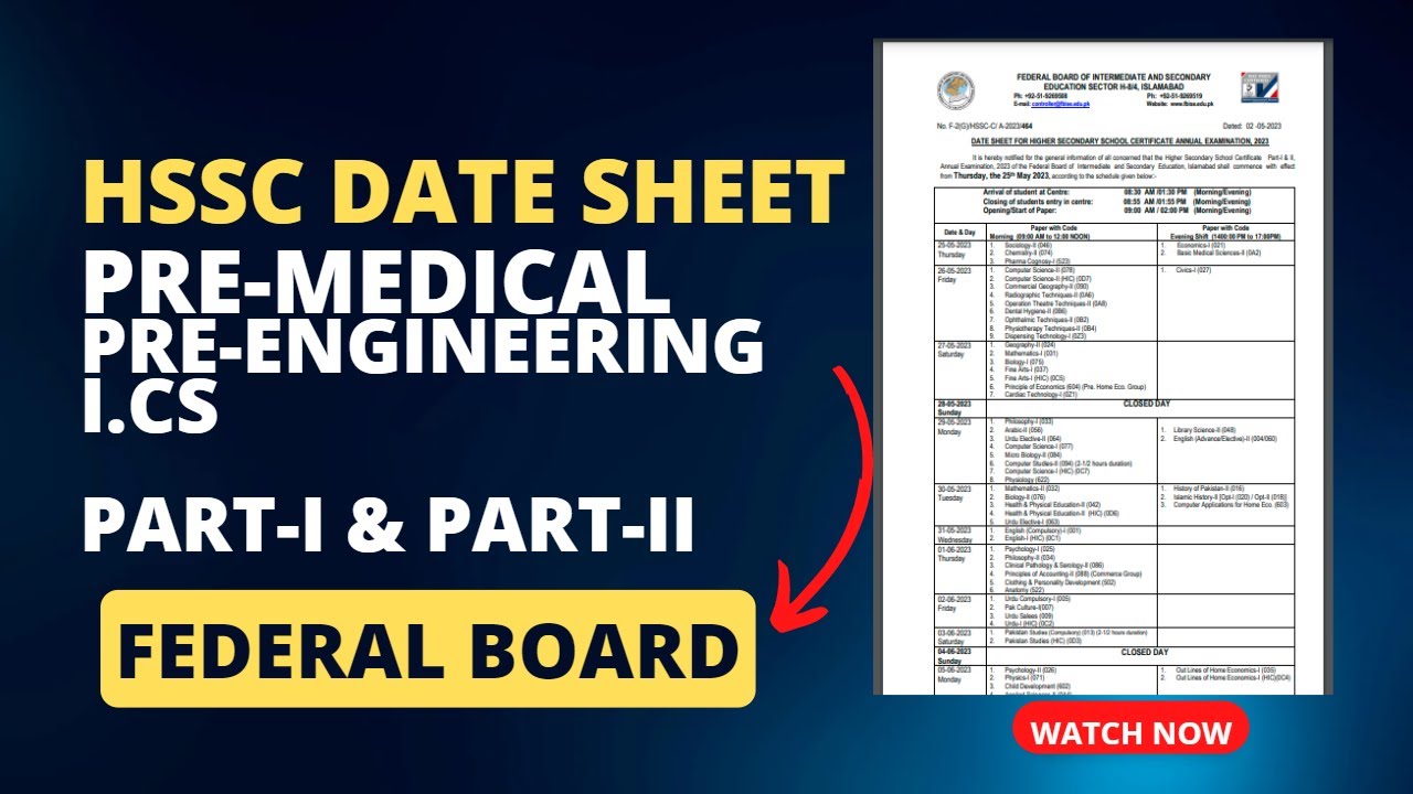 HSSC Date Sheet Federal Board 2023 - Intermediate Part 1 and Part 2 ...