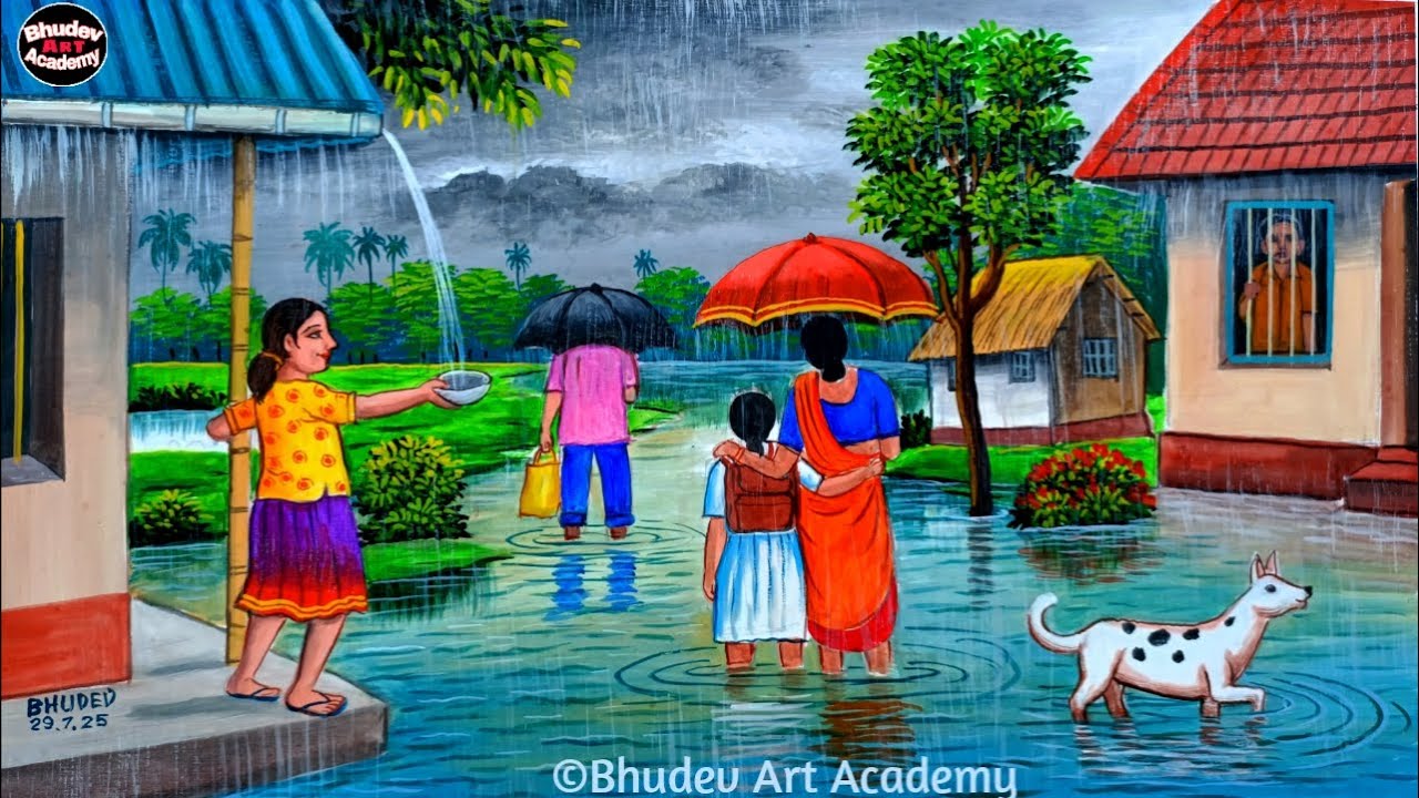 Rainy Season Scenery Painting|Beautiful Indian Village Scenery Drawing ...
