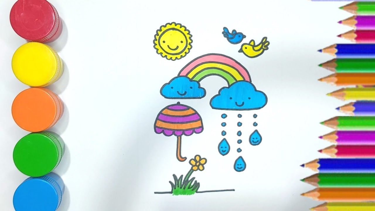 Sunny Day, Easy Draw and Color Sun, Rainbow, Rain, Umbrella, Birds and ...