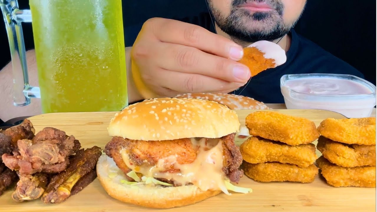 ASMR EATING BURGER, WINGS AND NUGGETS #mukbang #42 - YouTube