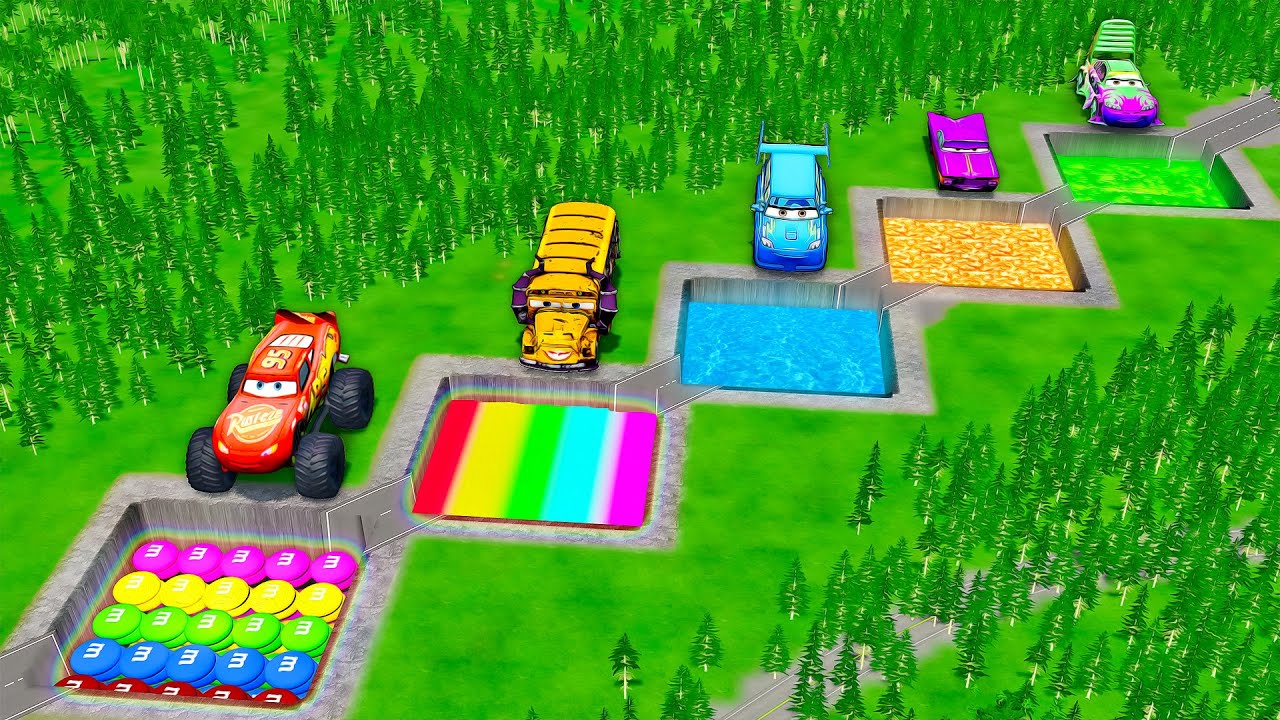 Giant Acid & Lava & Water & Rainbow & M&M's Square Pit Vs McQueen ...