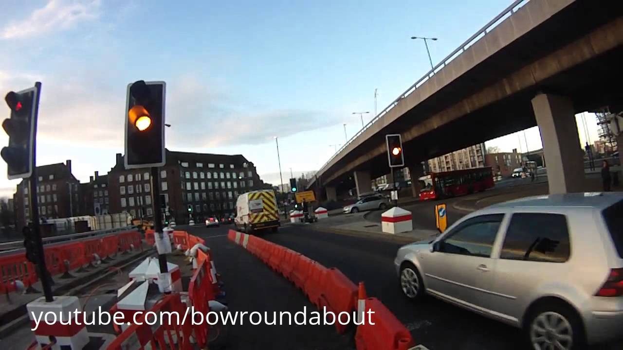 Bow Roundabout Jan 2016 - preparing for new pedestrian crossing - YouTube