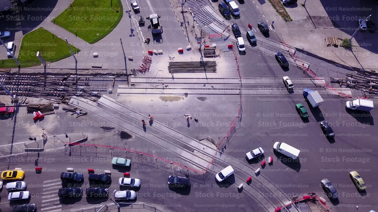 Road reconstruction with tram rails intersection, construction site ...