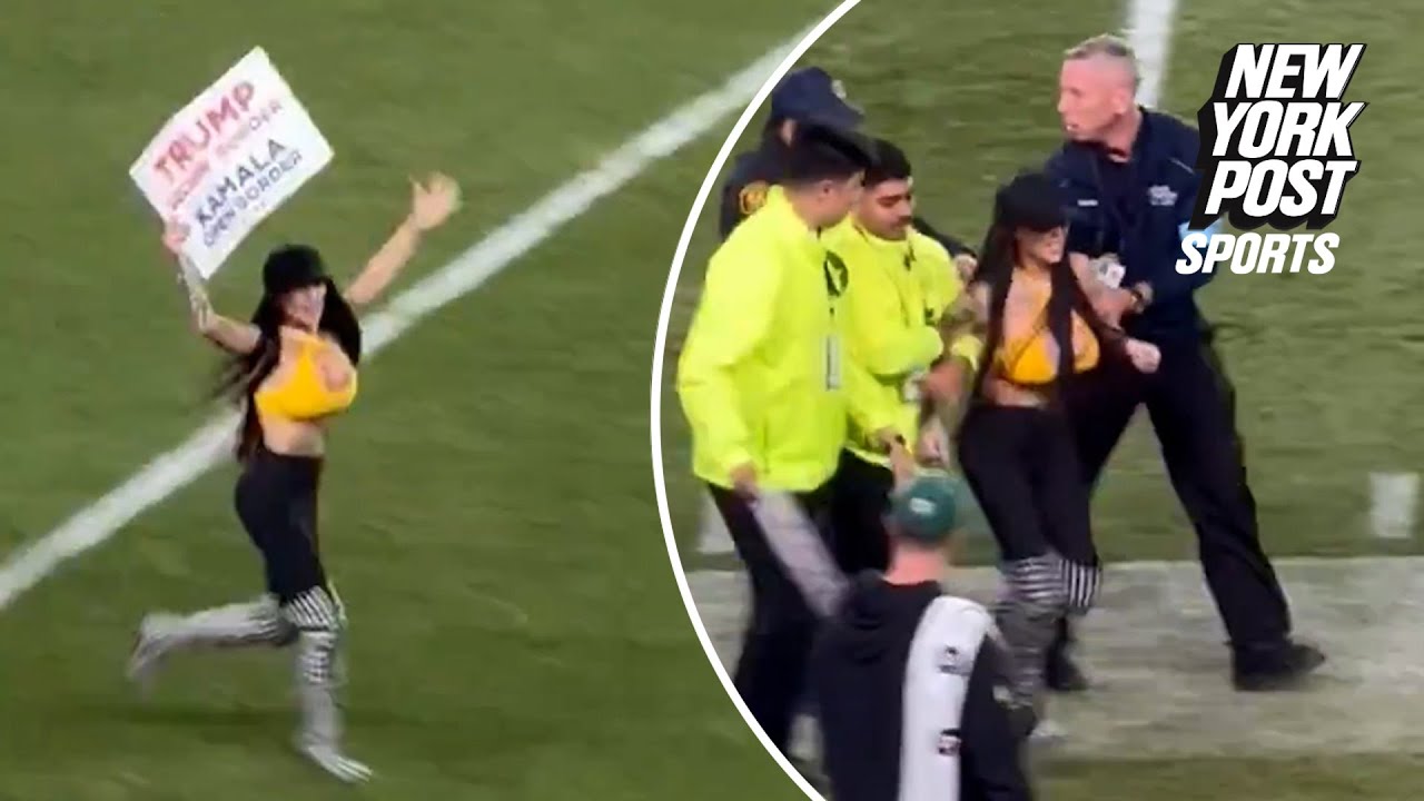 Woman runs onto field waving pro-Trump sign during Jets-Steelers game ...