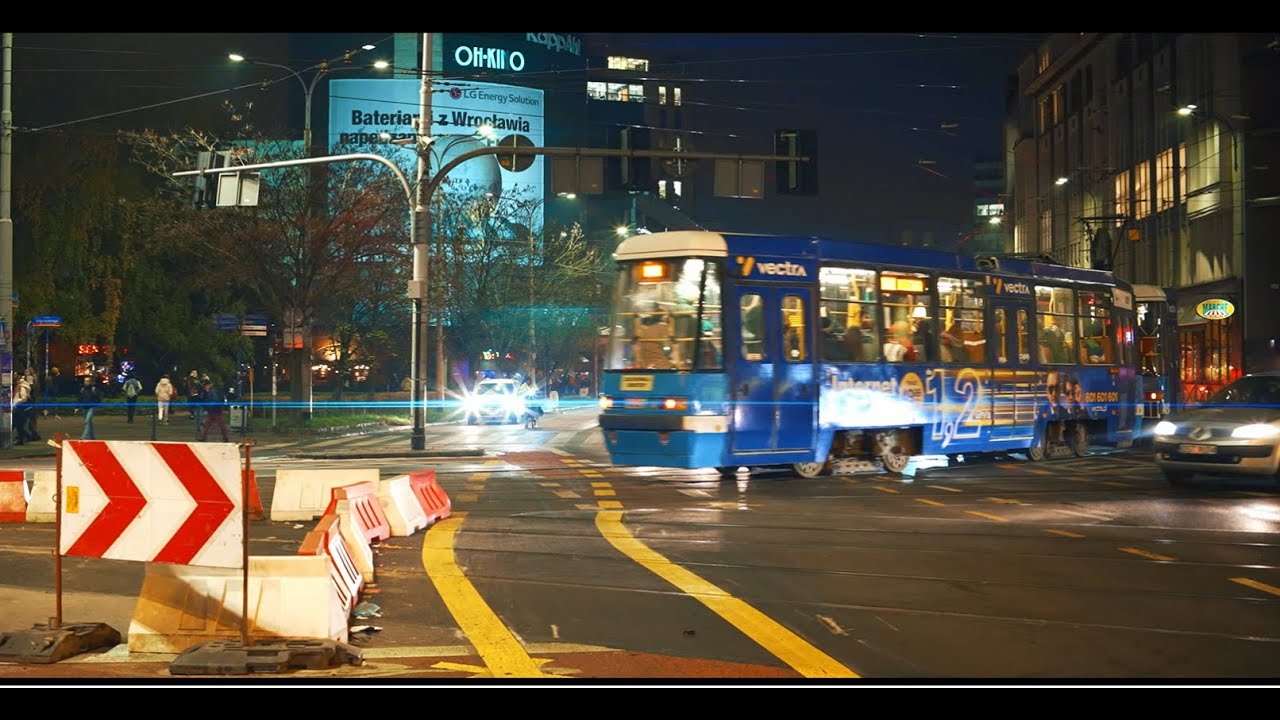 Poland, Wrocław, tram 17 night ride from Pl Bema to Arkady Capitol ...
