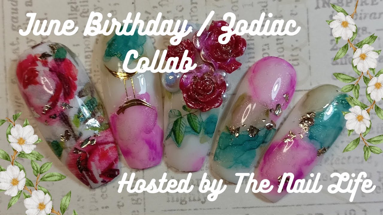 June Birthday / Zodiac Collab Nail Design (Molds & Watercolour) - YouTube