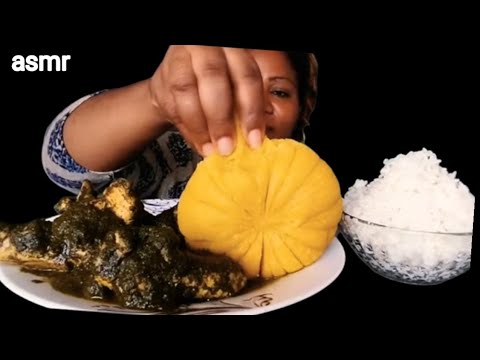 African food mukbang/ Yellow fufu with white rice with black soup ...
