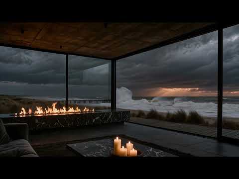 Stormy Ocean Fireplace Ambience 🌊🔥 | Cozy Modern Beach House & Crashing Waves