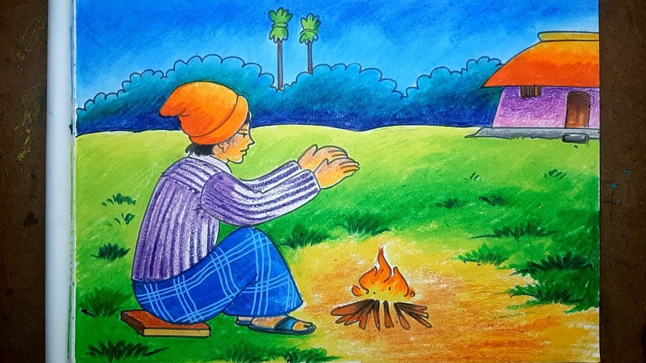 winter morning drawing || winter morning in village drawing ||শীতের ...
