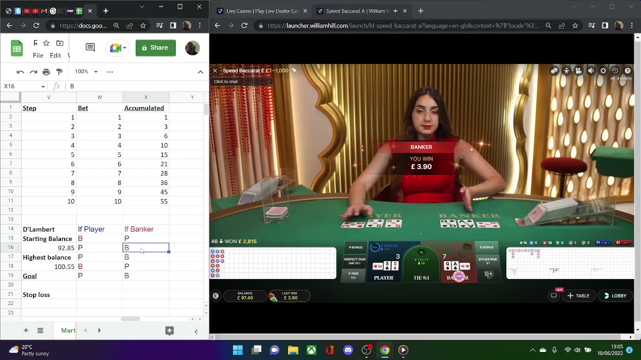 Baccarat strategy - Player Banker Player and D'Alembert - YouTube